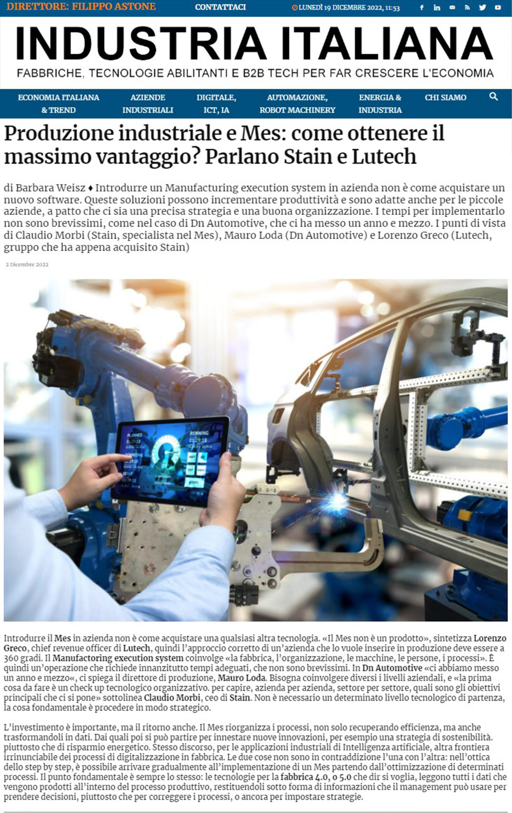 Produzione Industriale e MES : Stain e Lutech su Industria Italiana - Stain